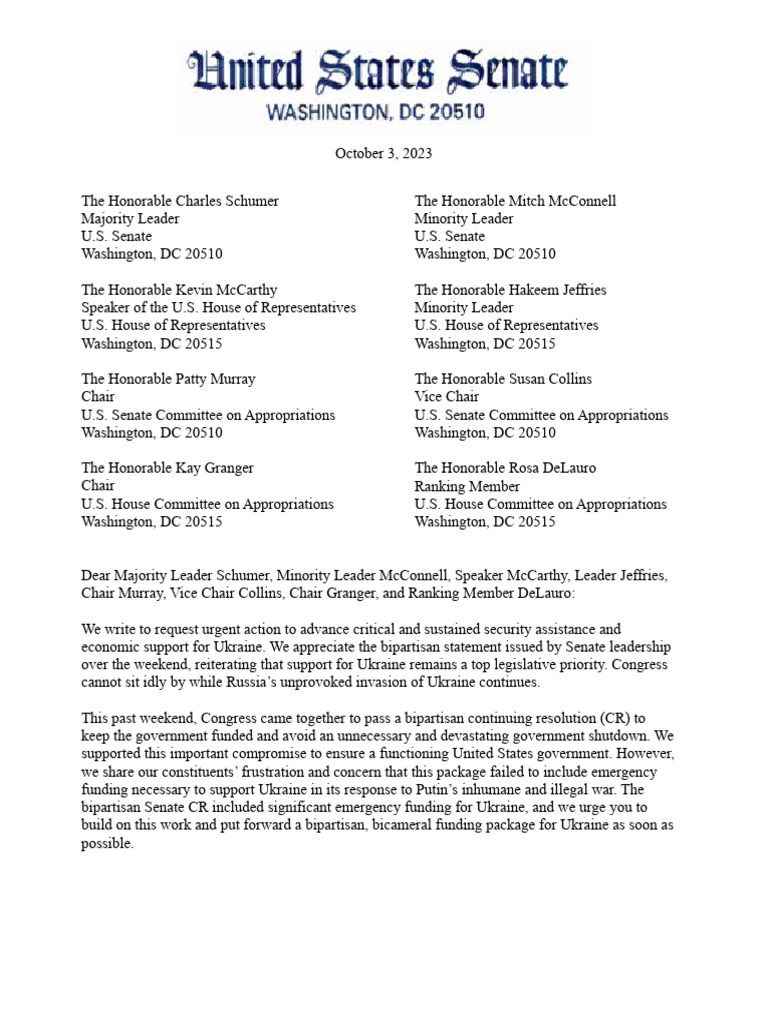 Letter To Senate Leadership On Ukraine Aid | PDF | Ukraine | Russia