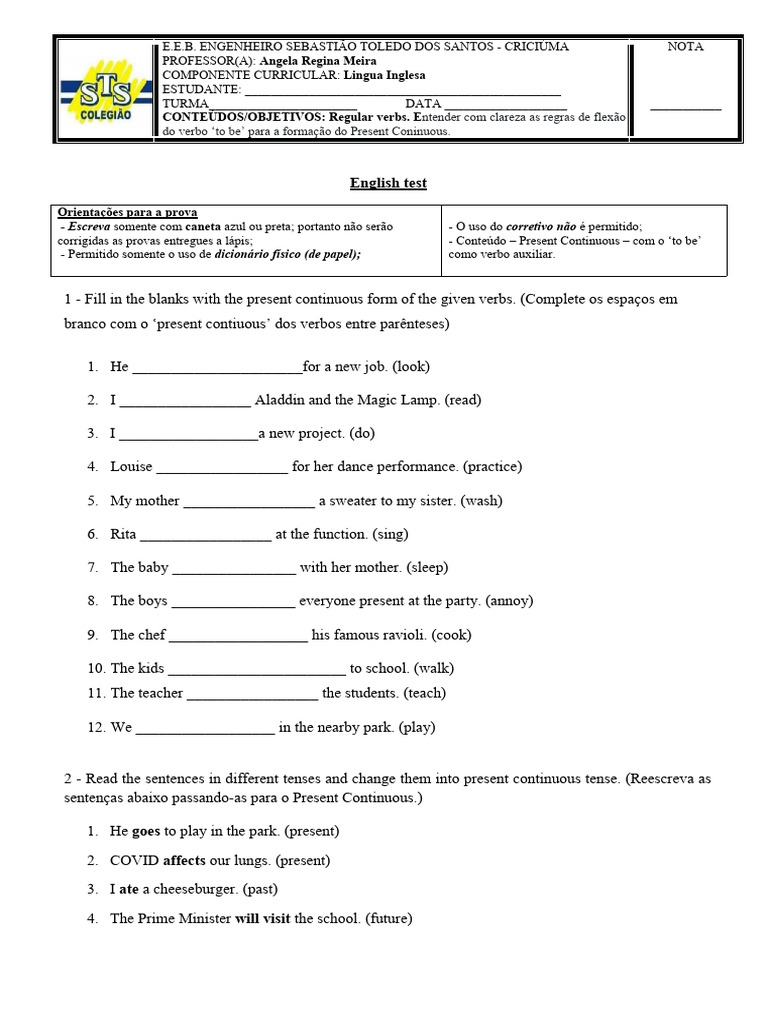 English Test - 1st Grade Preset Continuous | PDF