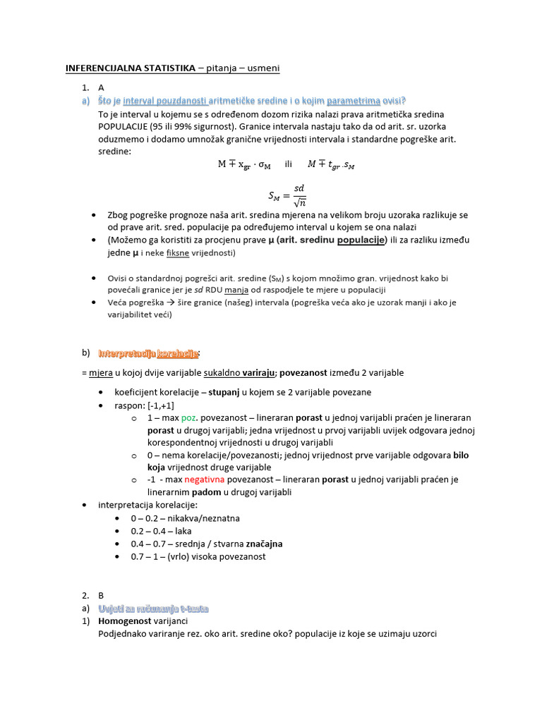INFERENCIJALNA STATISTIKA - Pitanja Usmeni | PDF