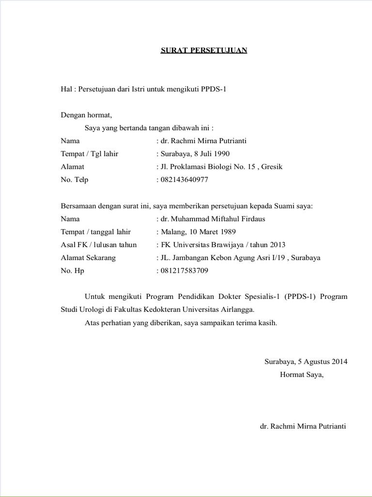Dokumen - Tips Contoh Surat Persetujuan Orang Tua Istri Untuk Ppds | PDF