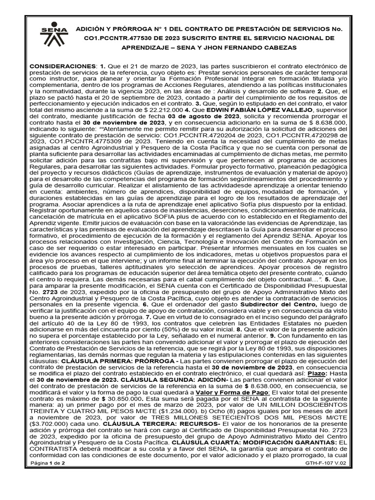 Gth-f-107 Acta de Adicion y Prorroga - Jhon Fernando Cabezas | PDF