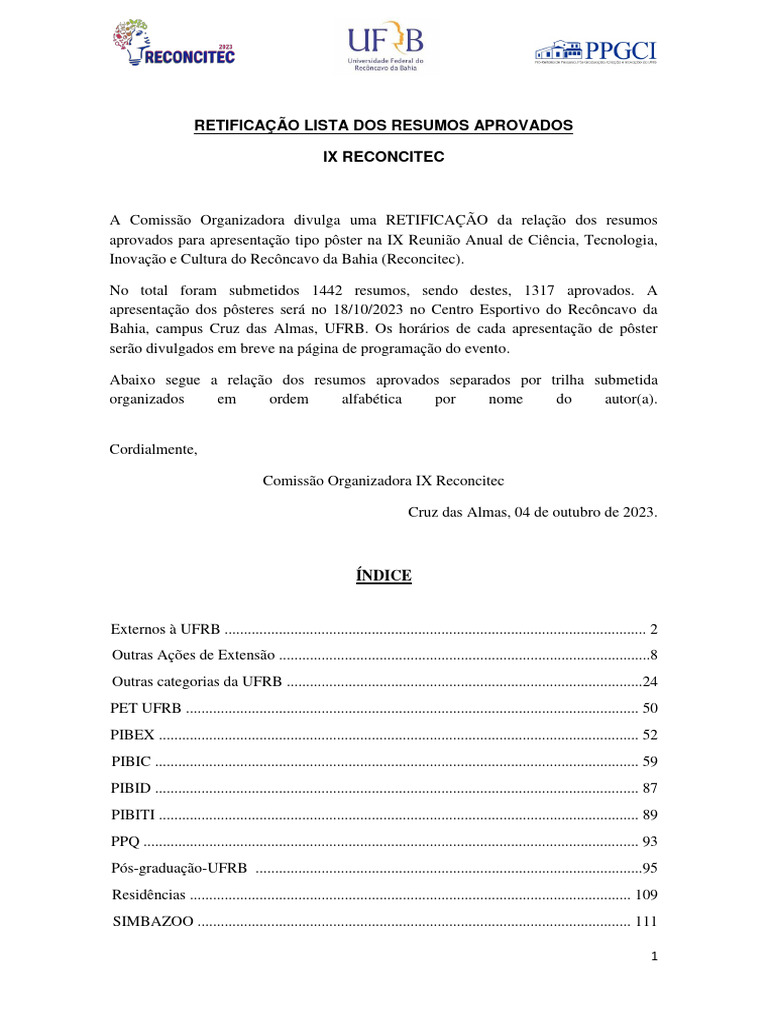 Retificao Da Lista Dos Resumos Aprovados | PDF