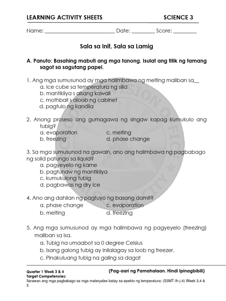Science 3 Q1 LAS 3-4 | PDF