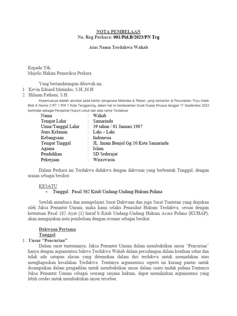 Nota Pembelaan (Pledoi) | PDF Nota Pembelaan (Pledoi) | PDF