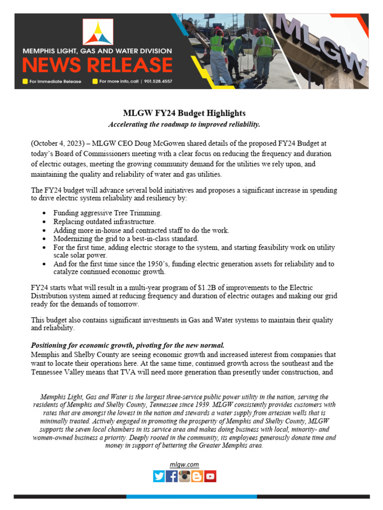 10-4-23 News Release MLGW FY24 Budget Highlights | PDF