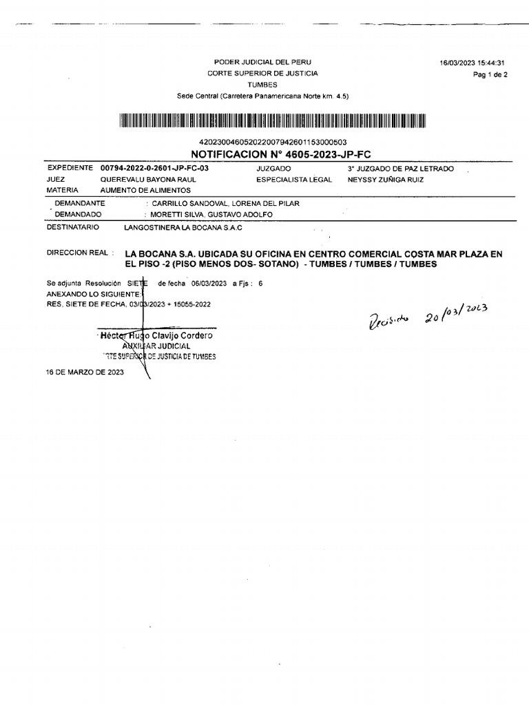 Notificación Poder Judicial - Moreti 20.03.2023 | PDF