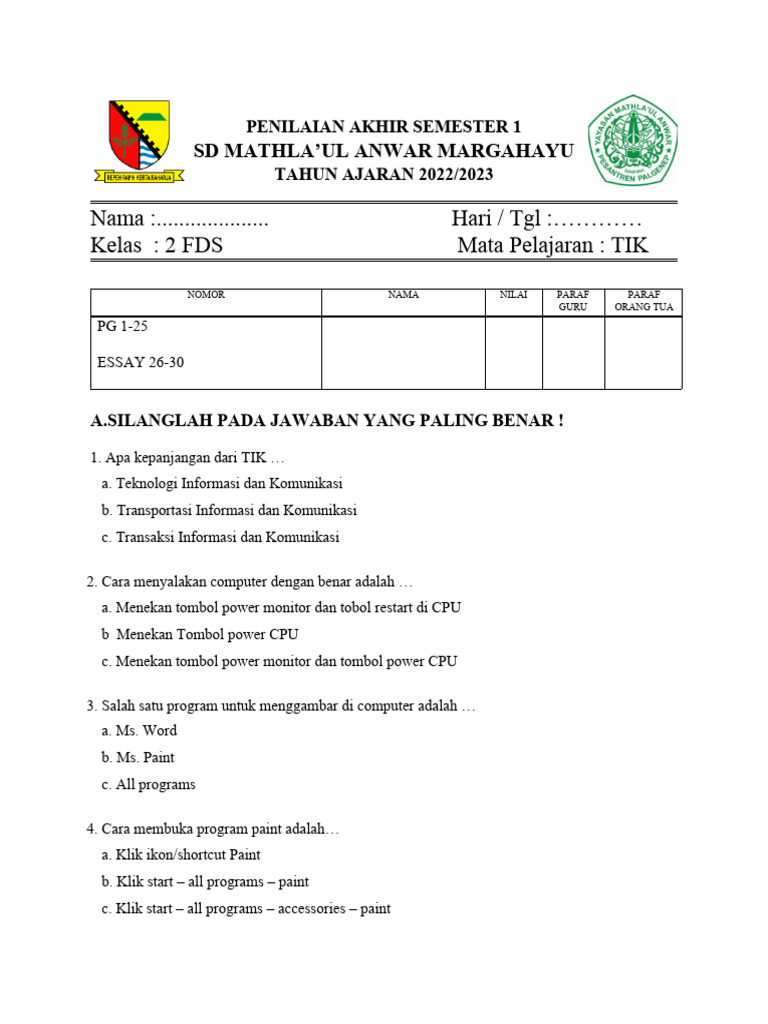 Soal Kelas 2 Pas | PDF
