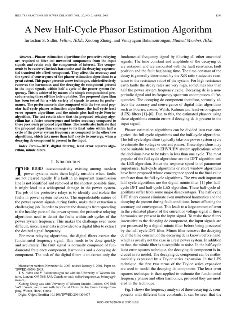 Ieee A New Half Cycle Phasor Estimation Algorithm Pdf 