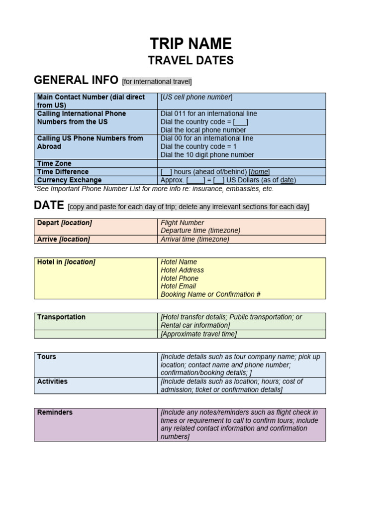 Editable Printable Travel Itinerary | PDF | Telephone Number | Telephony