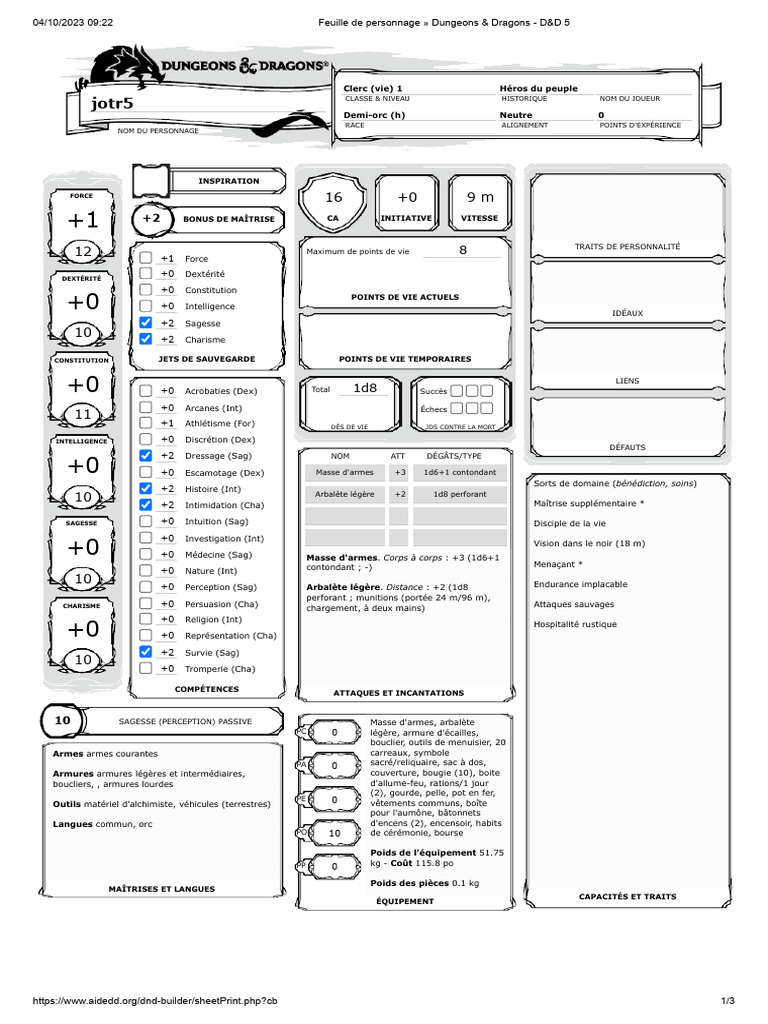 Feuille de Personnage Dungeons & Dragons - D&D 5 Jotr6 | PDF