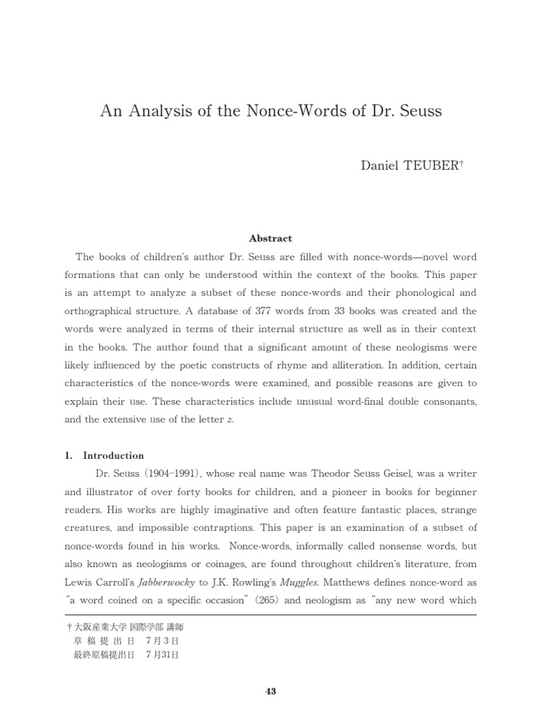 An Analysis of The Nonce-Words of Dr. Seuss: Daniel TEUBER | PDF