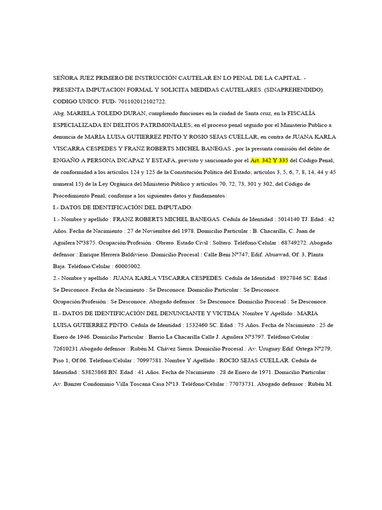 IMPUTACION FORMAL ENGAÑO A PERSONA INCAPAS Y ESTAFA | PDF