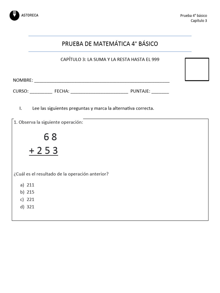 Prueba 4º CAP 3 La Suma y La Resta Hasta El 999 | PDF