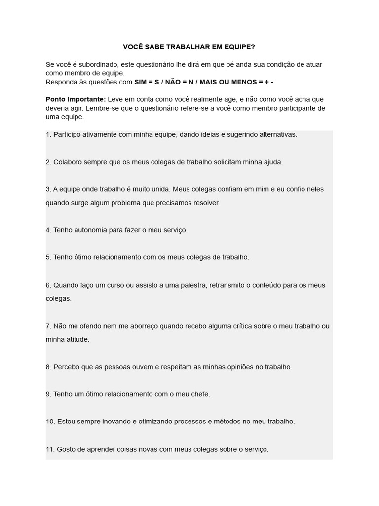 Teste - Você Sabe Trabalhar em Equipe | PDF Teste - Você Sabe Trabalhar em Equipe | PDF