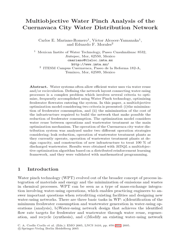 Multiobjective Water Pinch Analysis of The Cuernavaca City Water Distribution Network | PDF ...