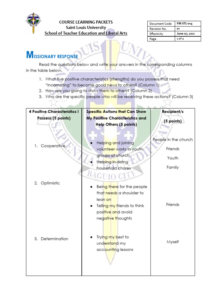 CFE 103 - Module 2, Lesson 1 - Missionary Response | PDF | Behavior Modification | Psychology