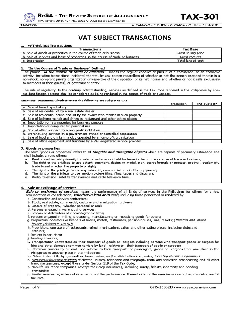 TAX 301 VAT Subject Transaction 1 | PDF | Value Added Tax | Taxes