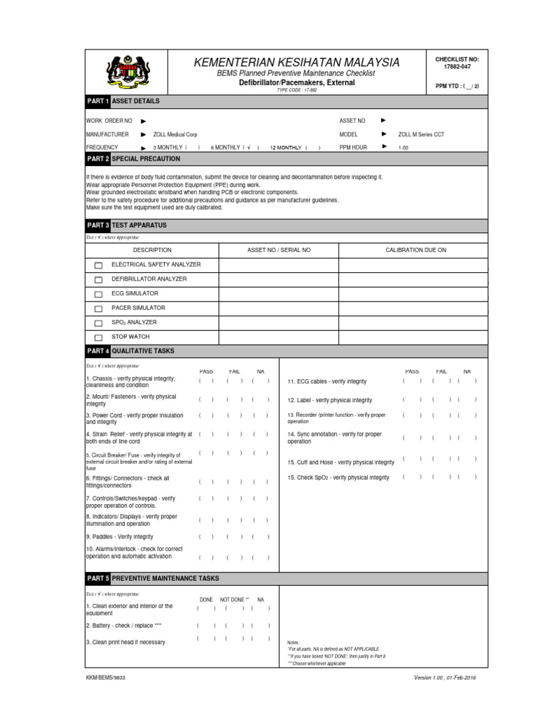 Kementerian Kesihatan Malaysia: BEMS Planned Preventive Maintenance Checklist | PDF | Fuse ...