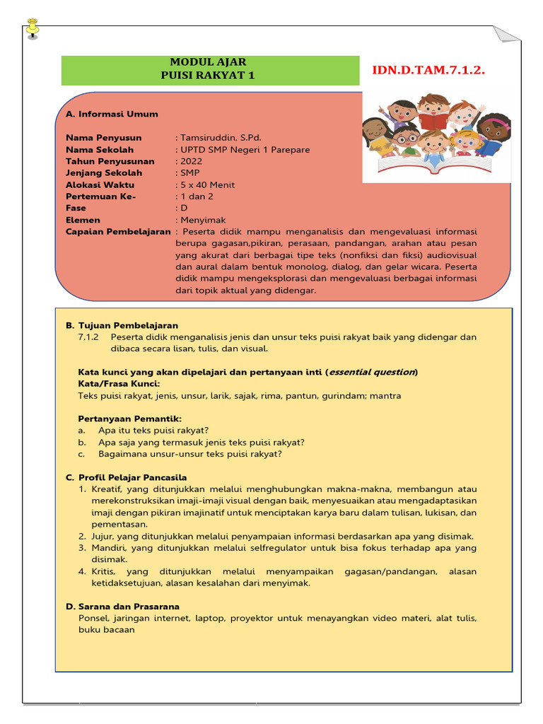 Unsur dan Jenis Puisi Rakyat Kelas 7 | PDF