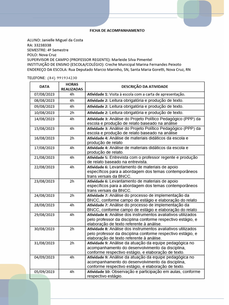 Acompanhamento de Estágio: Janielle Costa | PDF | Pedagogia