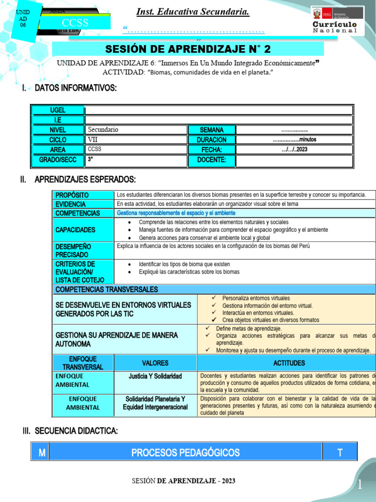 SESION CCSS 3° SEC-SEMANA 02 UNI 6 | PDF | Aprendizaje | Evaluación