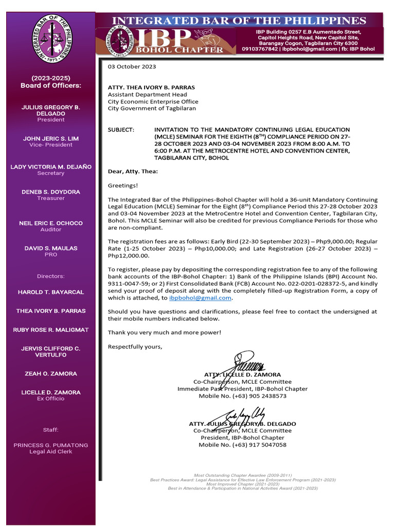 MCLE Letter Invitation To Atty. Thea Ivory B. Parras | PDF