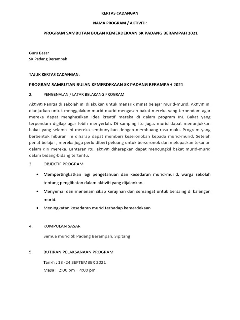 Kertas Cadangan Program Bulan Kebangsaan SKPB 2021 | PDF