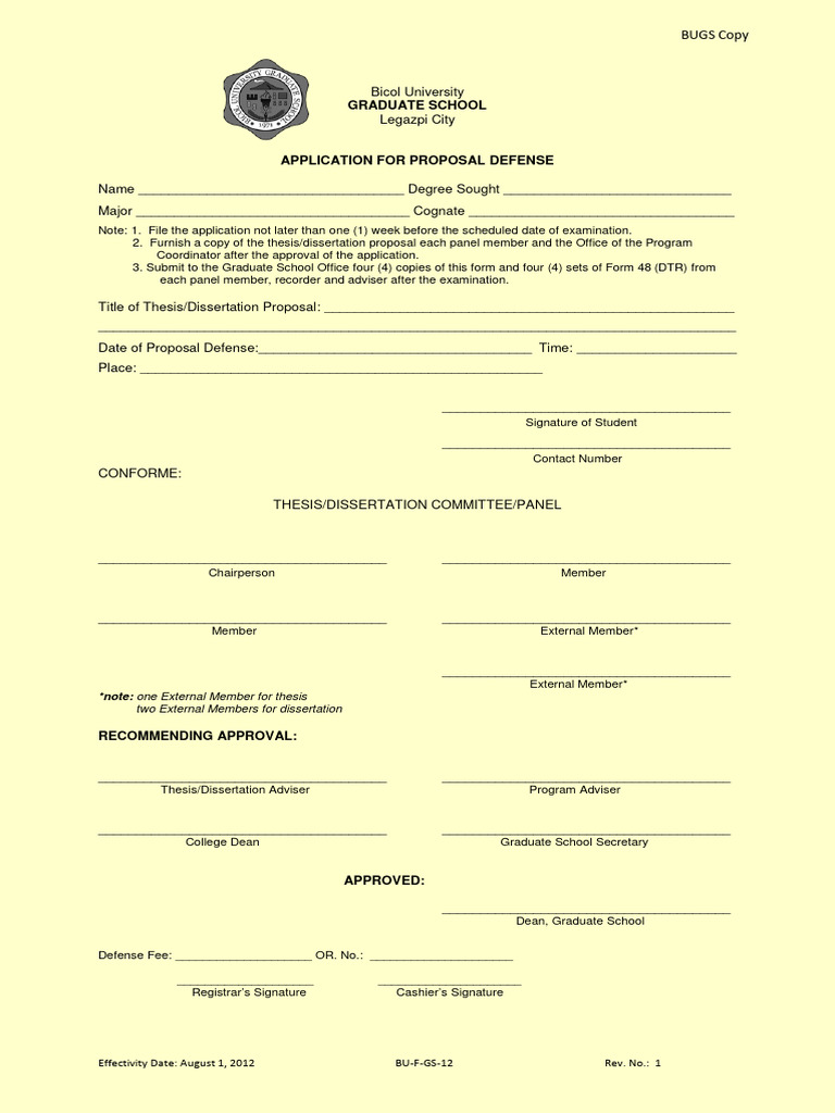 BU-F-GS-12 Application For Proposal Defense | PDF | Thesis