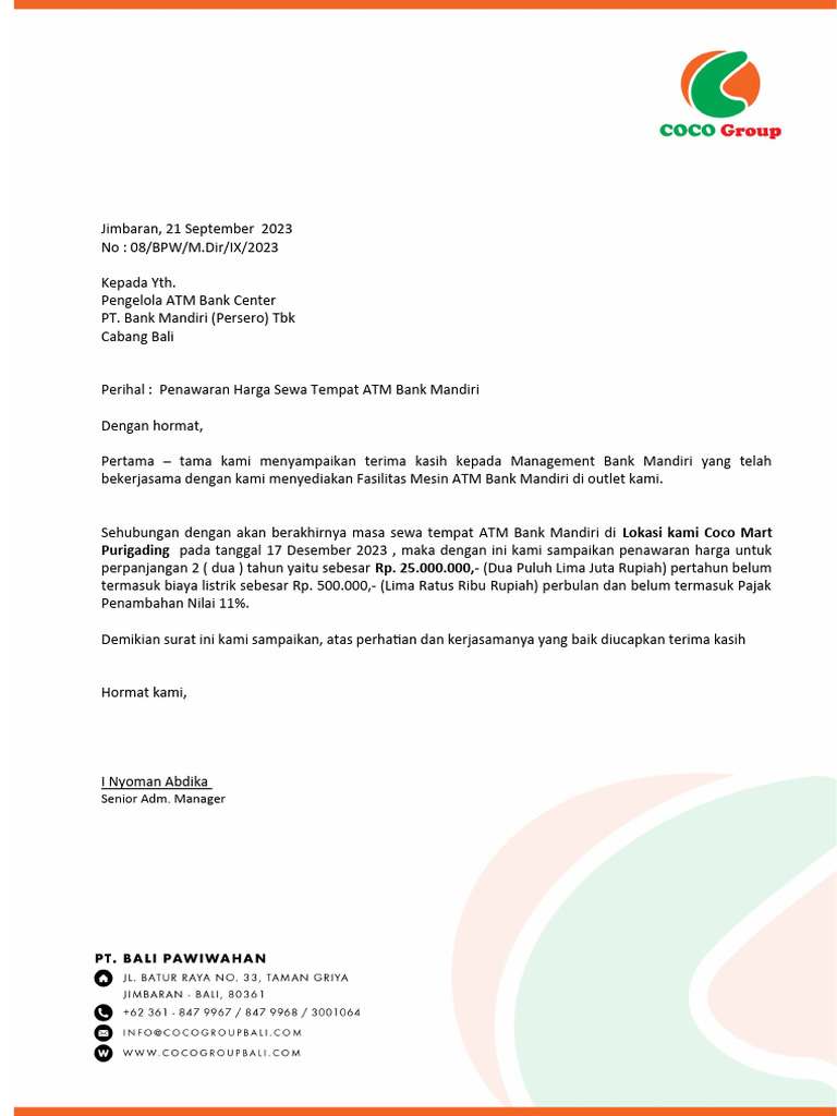 Draft Surat Penawaran Sewa ATM | PDF | Bisnis | Pengelolaan Keuangan & Uang