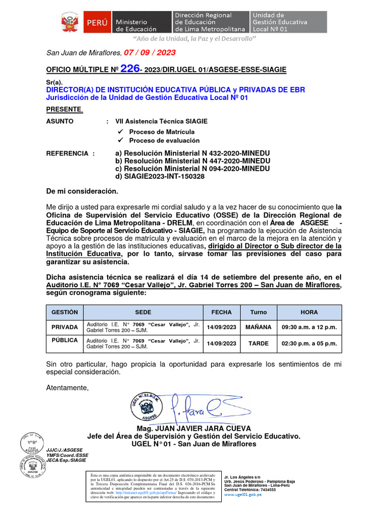 Oficio Multiple #226-2023 Dir Ugel01 Asgese Esse Siagie | PDF