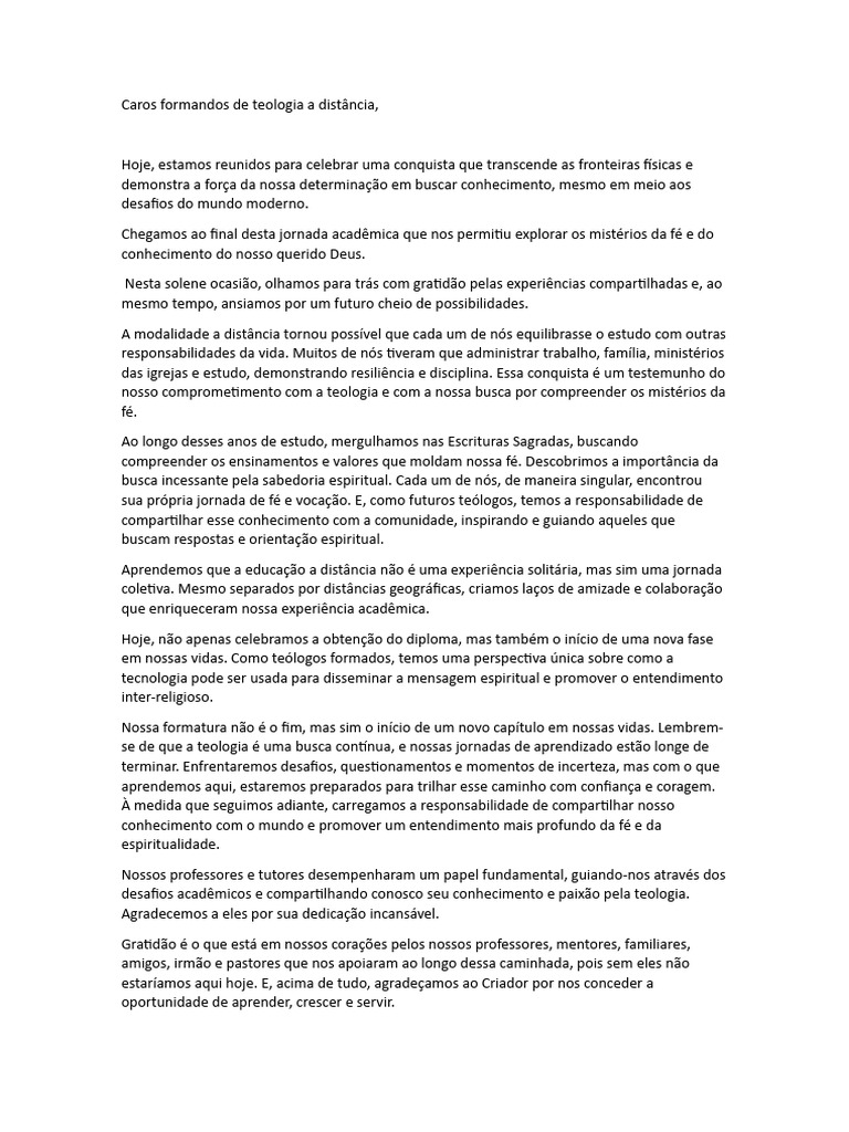 Discurso Formatura Teologia | PDF Discurso Formatura Teologia | PDF