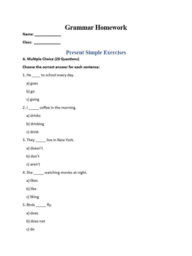 Grammar Homework Present Simple | PDF