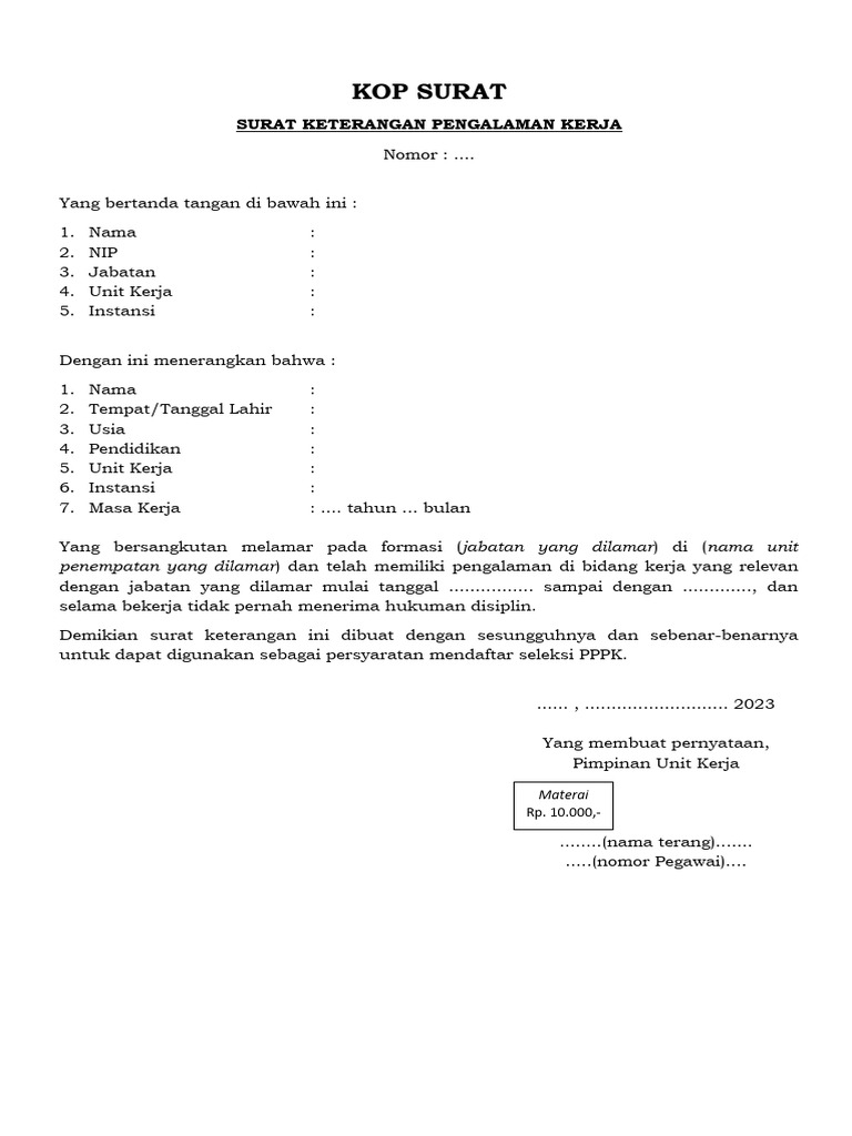 Lampiran_IV_Contoh_Surat_Keterangan_Pengalaman_Kerja | PDF