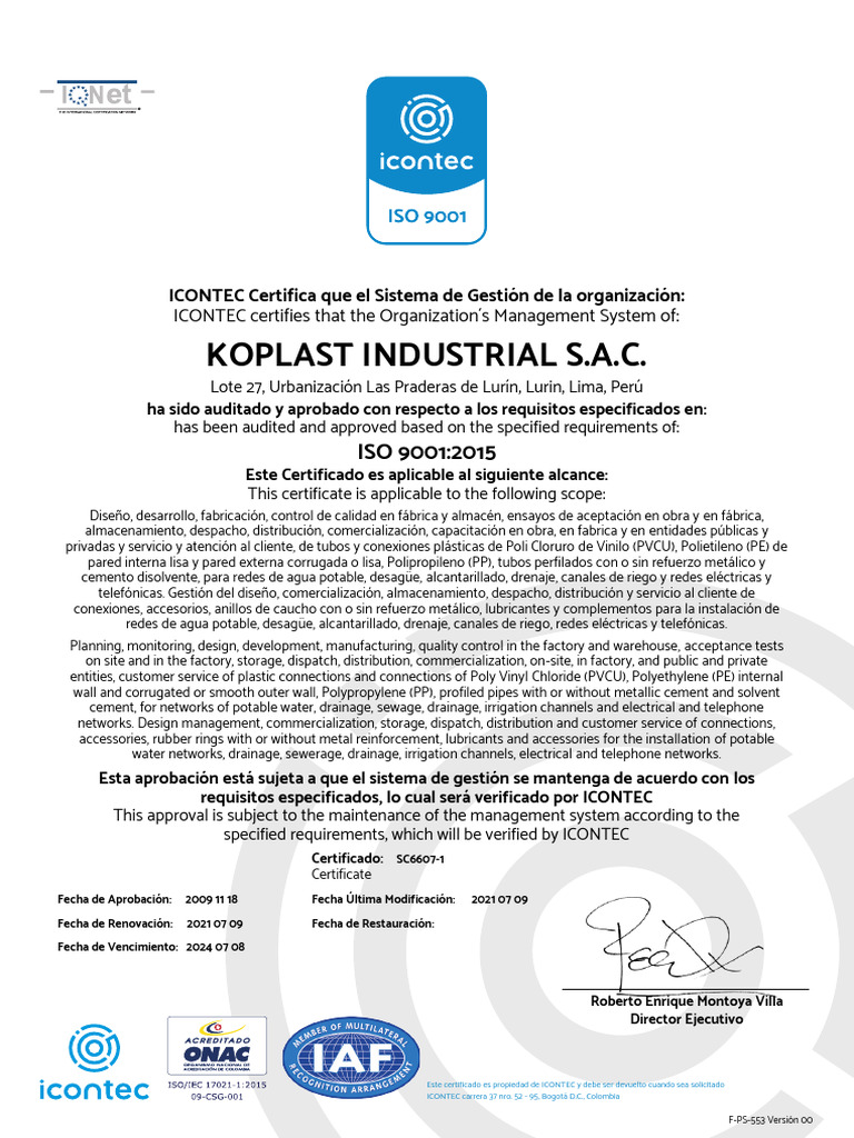 Certificación ISO 9001 de Koplast S.A.C. | PDF | Hogar, jardinería y ...