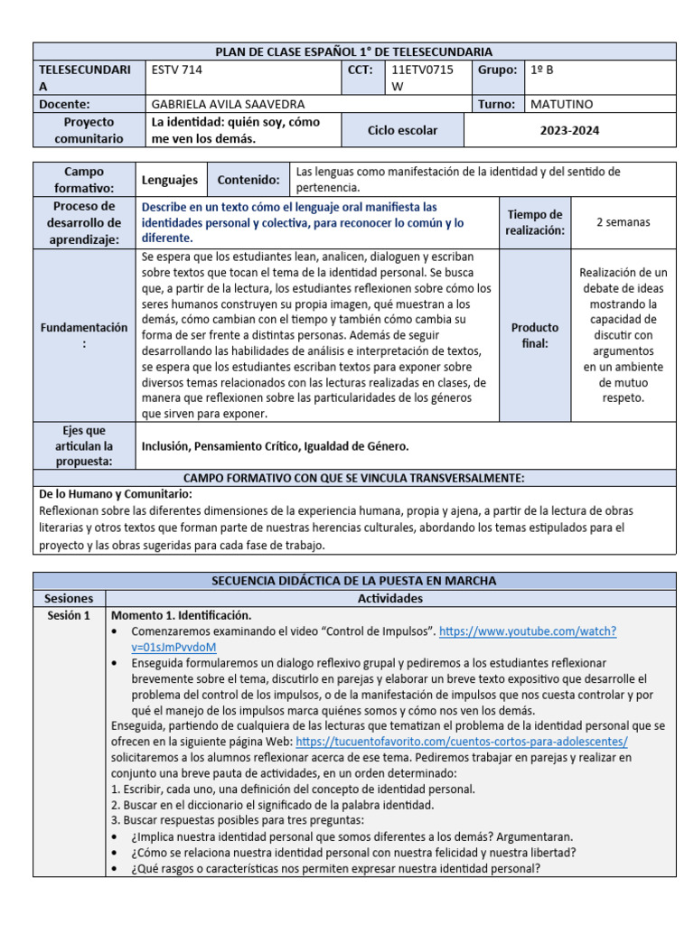 Proyecto 1. La Identidad. Quién Soy, Cómo Me Ven Los Demás | PDF