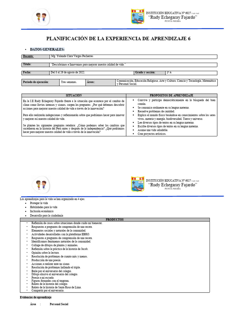 PLANIFICACIÓN DE LA EXPERIENCIA DE APRENDIZAJE yola | PDF | Aprendizaje | Multiplicación