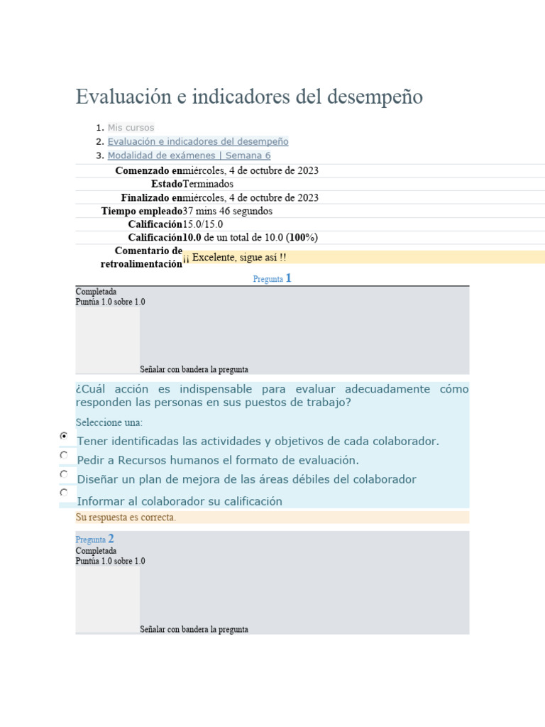 Evaluación e Indicadores Del Desempeño Examen Semana 6 | PDF