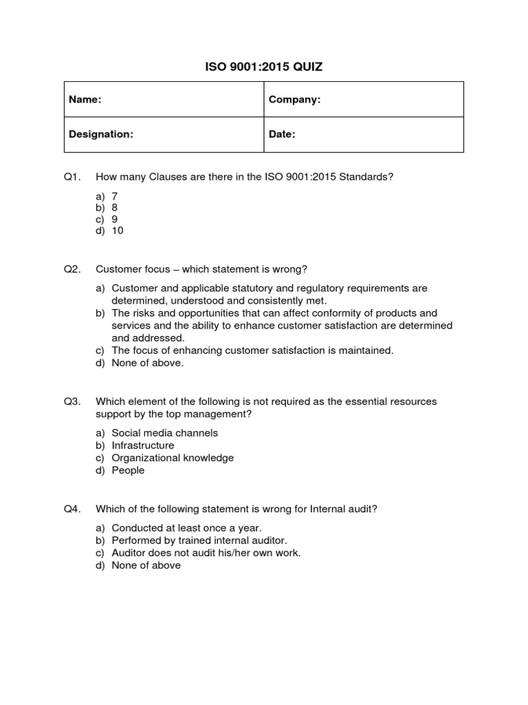 ISO 9001:2015 Quiz Questions & Answers | PDF