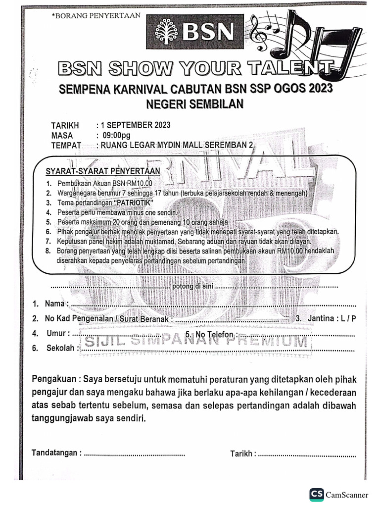 Contoh Borang Pertandingan Mewarna Semperna Karnival Cabutan BSN SSP Ogos 2023 Negeri Sembilan | PDF