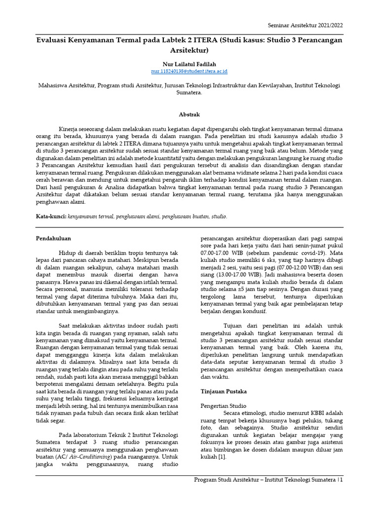 Evaluasi Kenyamanan Termal Pada Labtek 2 ITERA | PDF