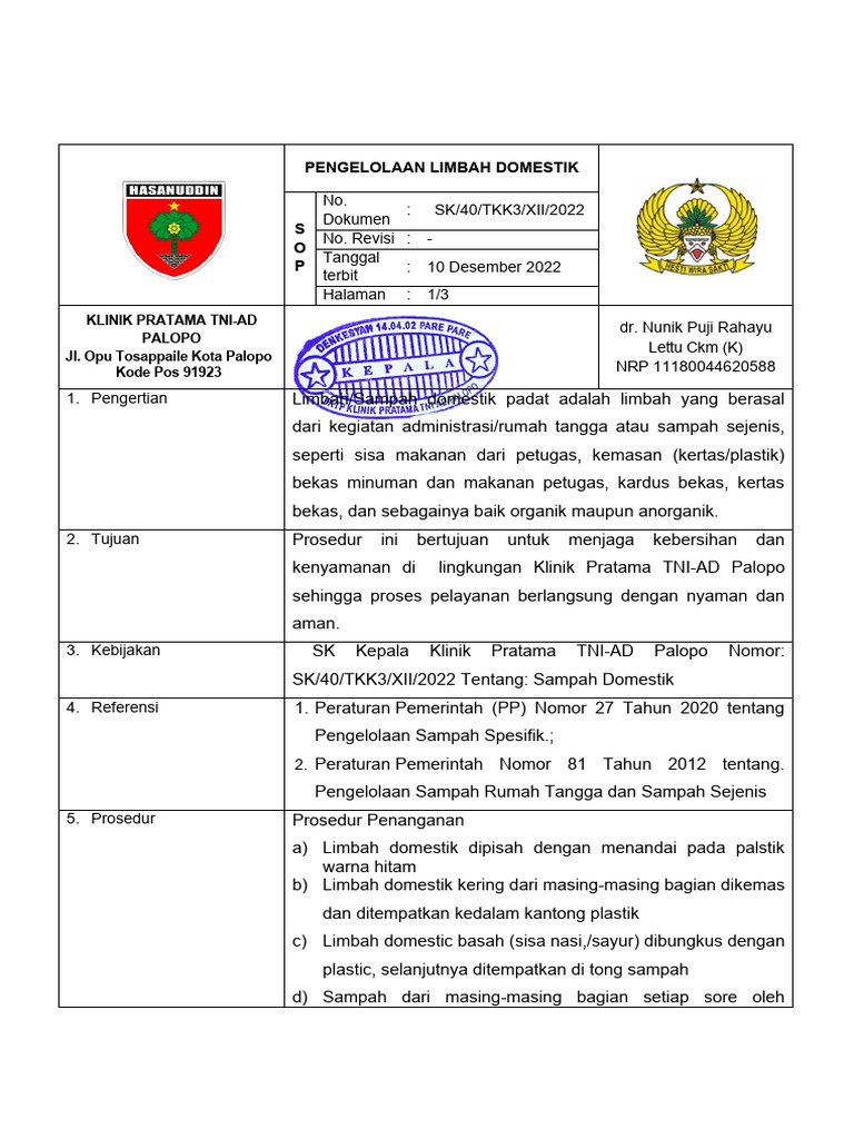 3. SOP PENGELOLAAN LIMBAH DOMESTIK | PDF