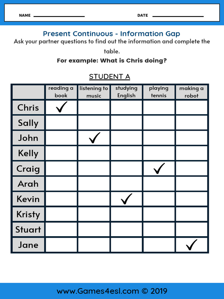 Present Continuous Worksheets 3 Information Gap Activity | PDF