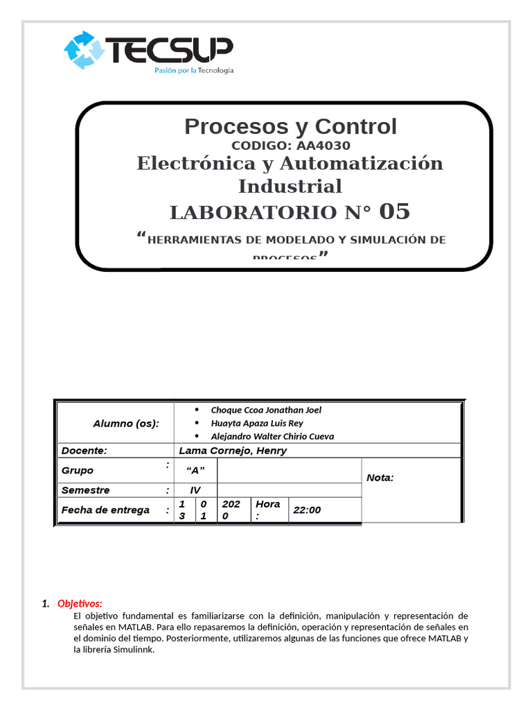 Laboratorio 05 Herramientas de Modelado y Simulaci N | PDF | Matlab ...