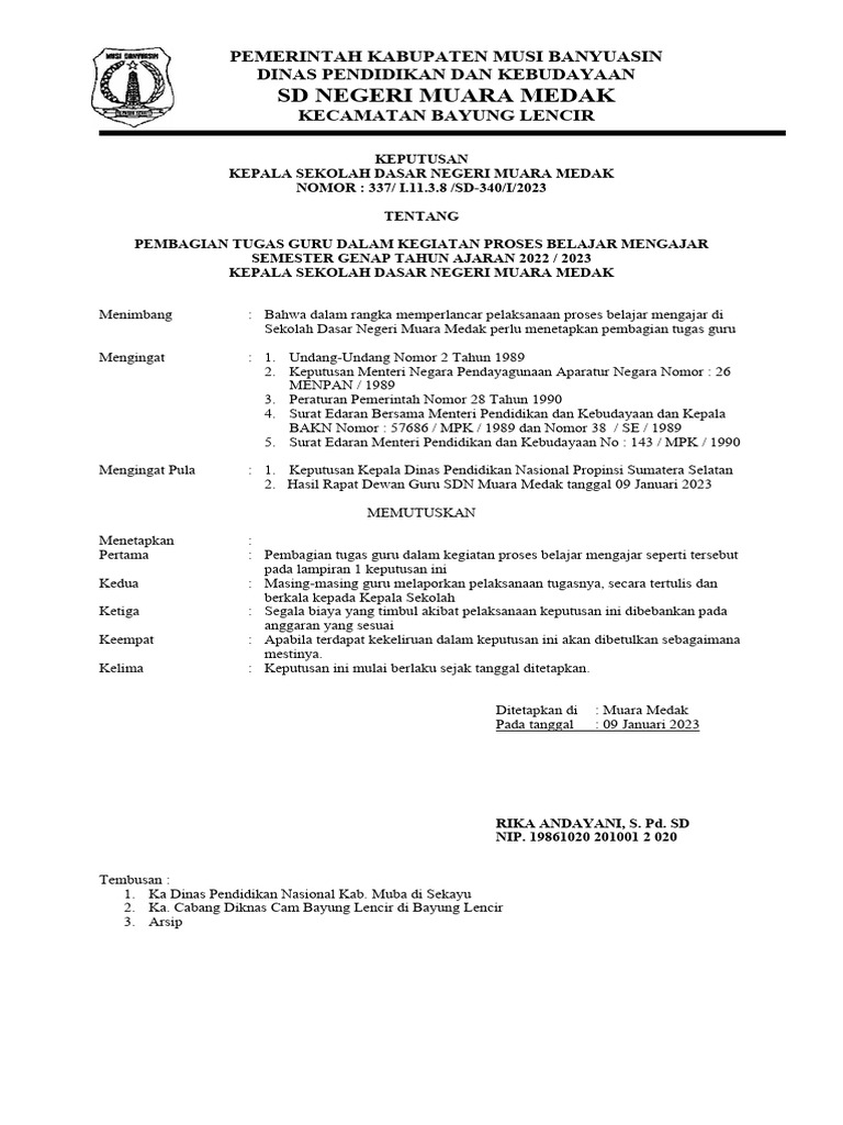 SK PEMBAGIAN TUGAS 2022 - 2023 Genap | PDF