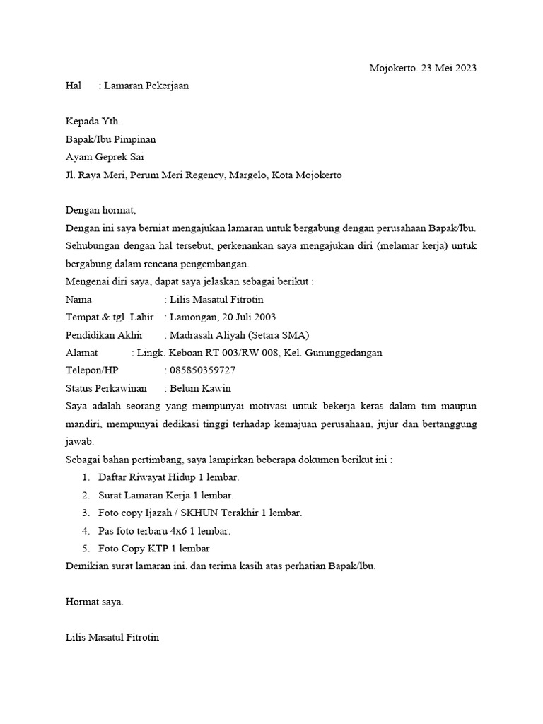 93 - Contoh Surat Lamaran Kerja Di Rumah Makan Ayam Geprek | PDF