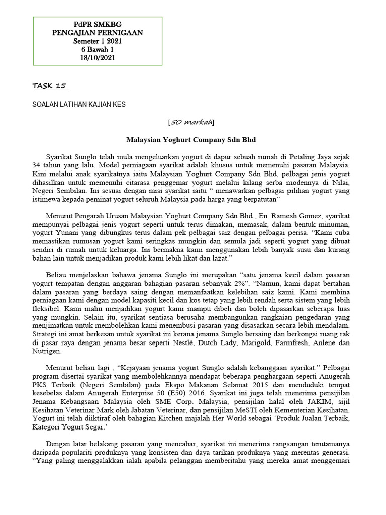 TASK 15 - Latihan Kajian Kes - Yogut | PDF