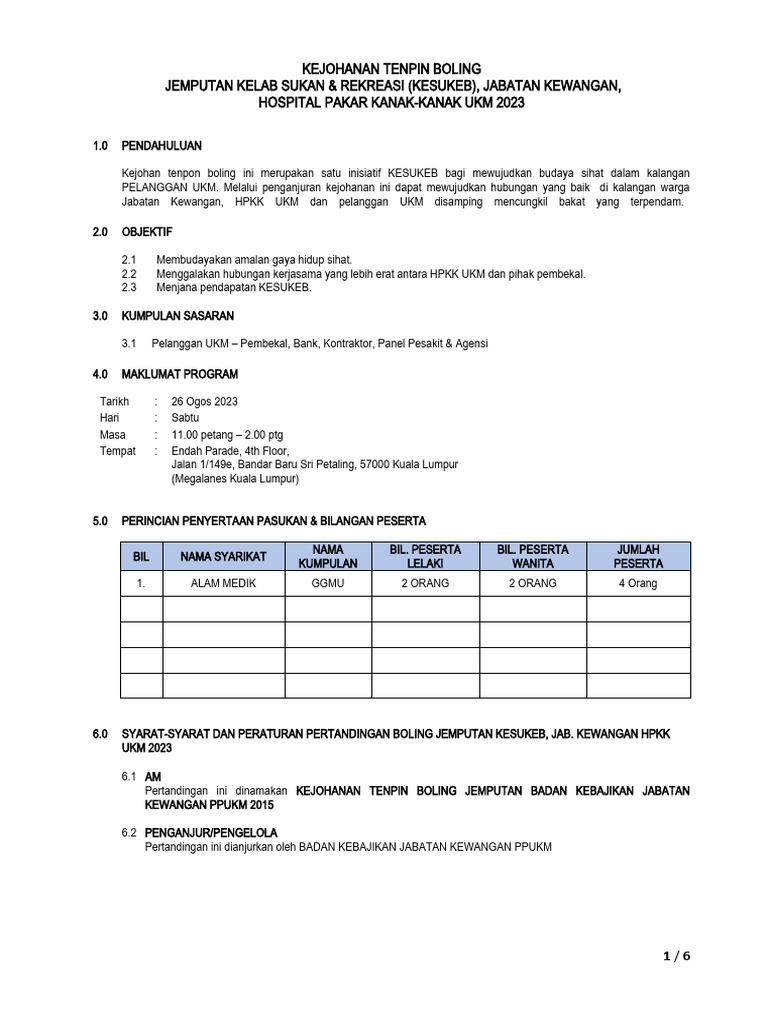 Draft KK - KEJOHANAN TENPIN BOLING 1 | PDF