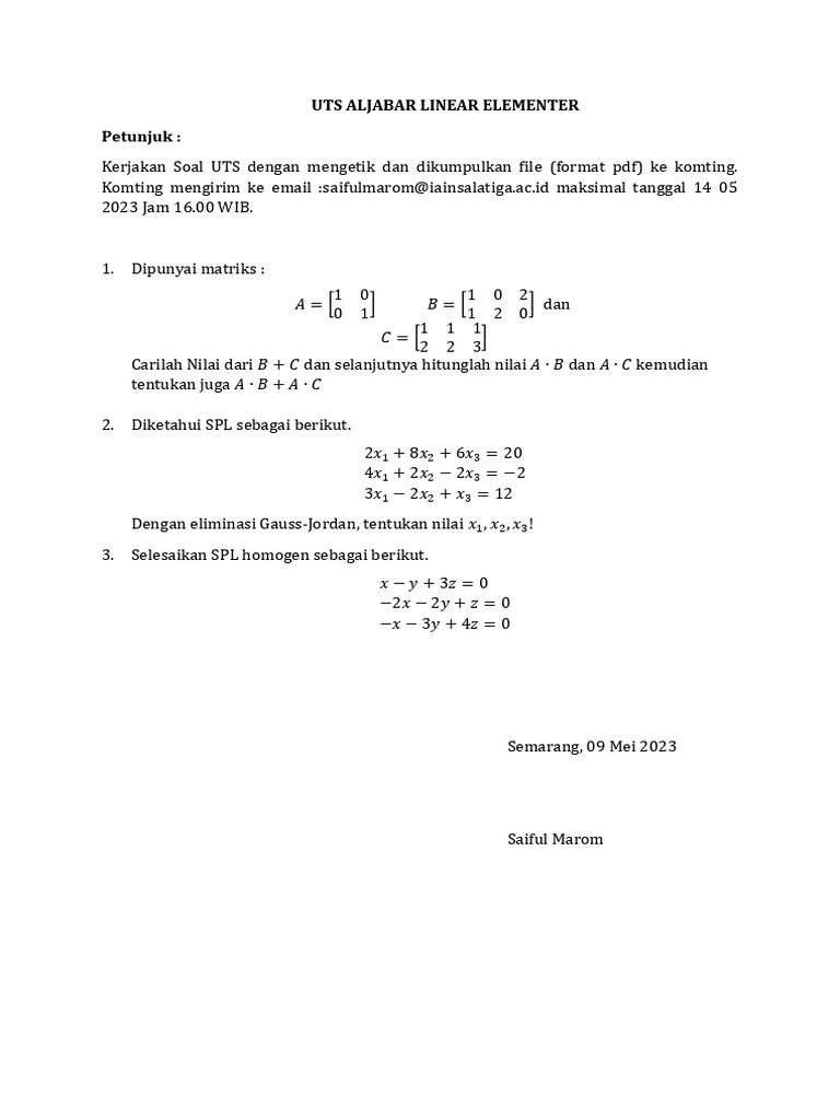 UTS ALjabar Linear Elementer | PDF