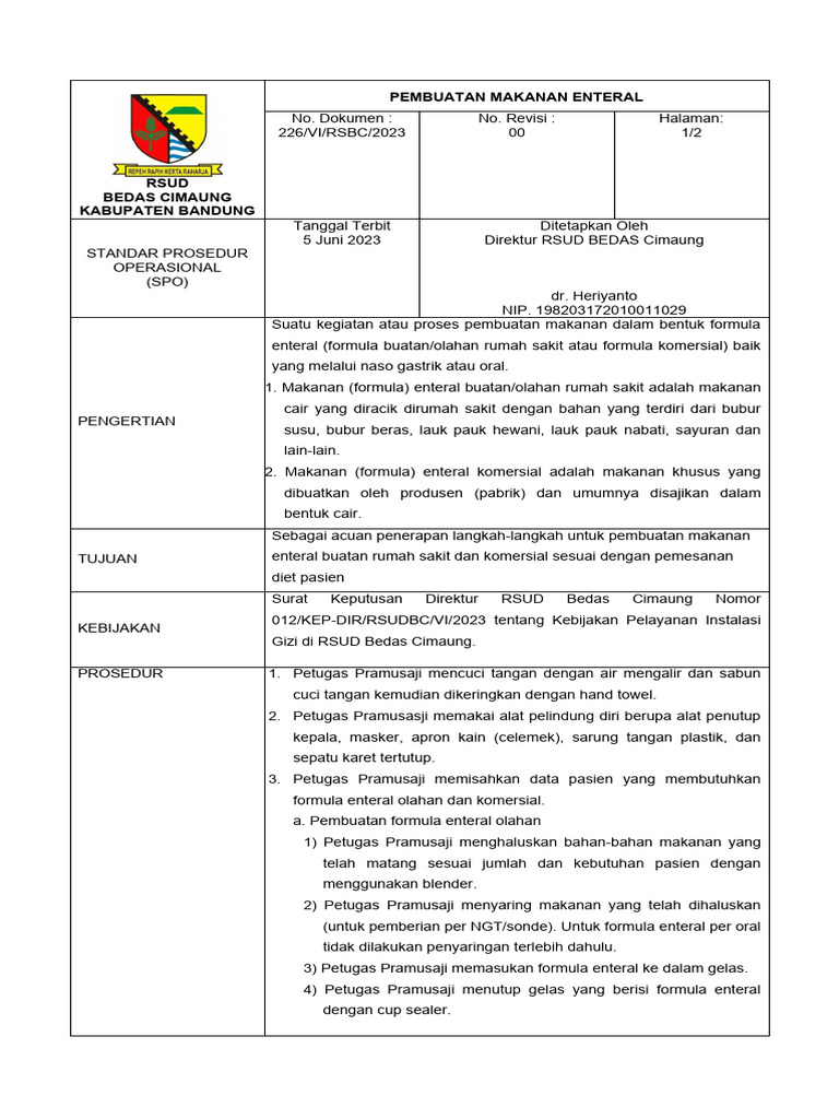 027 Spo Pembuatan Makanan Enteral | PDF