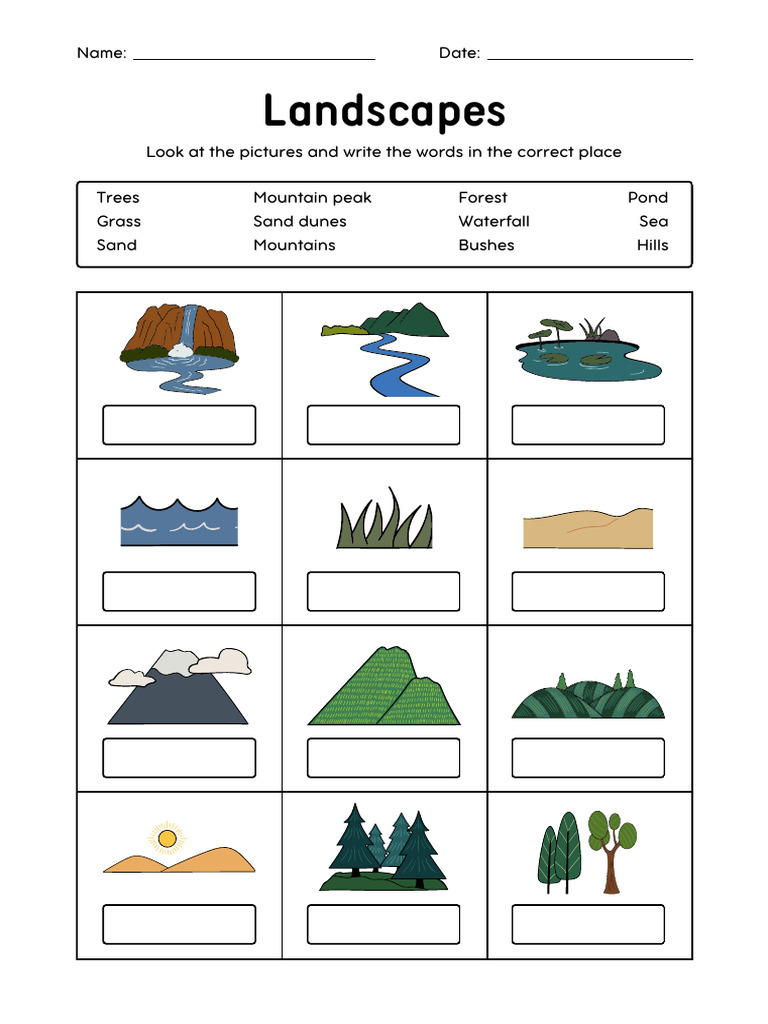 White Colorful Illustrative Landscapes Vocabulary Worksheet | PDF